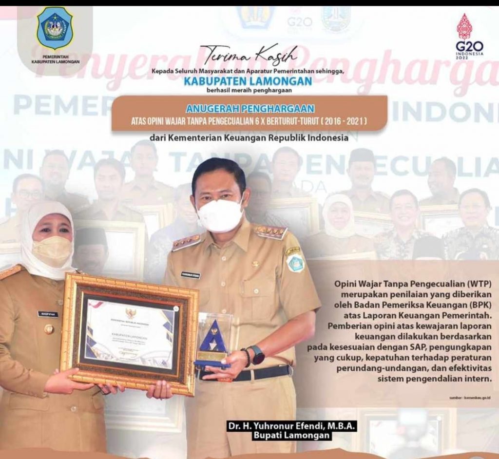 JDIH Bagian Hukum | Pemerintah Kabupaten Anugerah Penghargaan atas Opini Wajar Tanpa Pengecualian